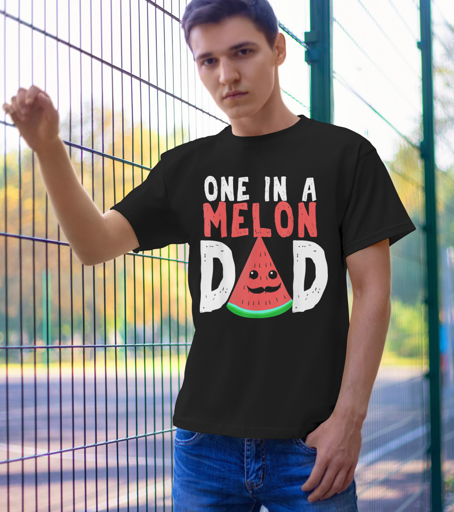 One In A Melon Dad Funny Watermelon Mustache Smiling Block Letters T-Shirt