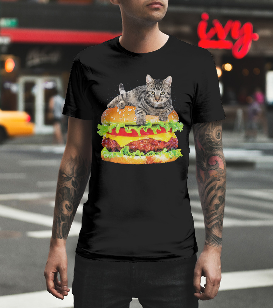 Funny Space Cat On Giant Hamburger T-Shirt