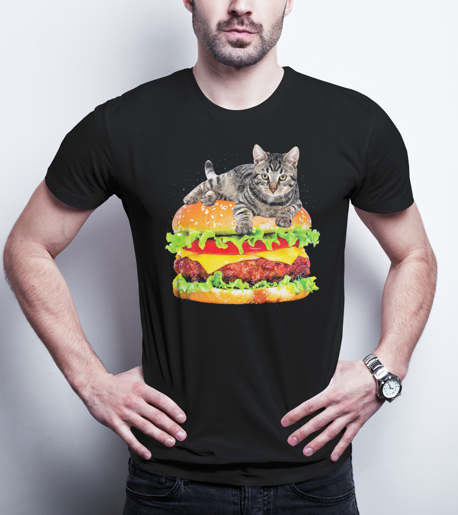 Funny Space Cat On Giant Hamburger T-Shirt