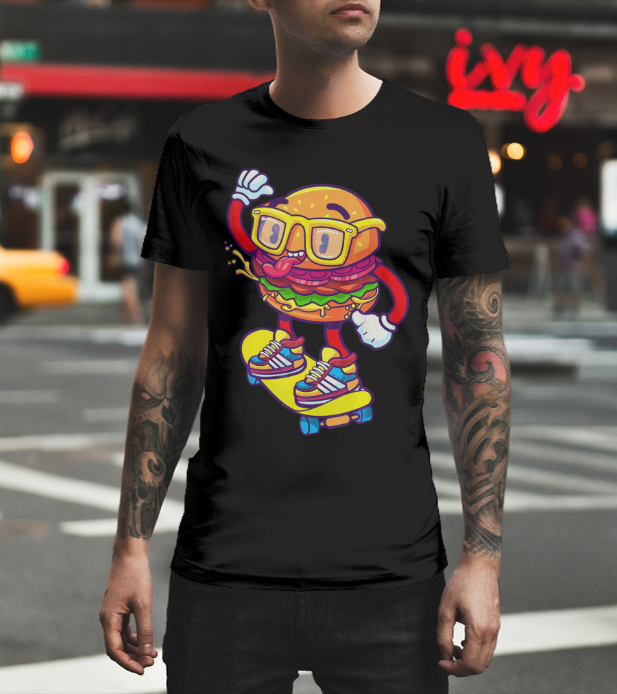 Skateboarding Cheeseburger Cartoon With Glasses And Sneakers T-Shirt