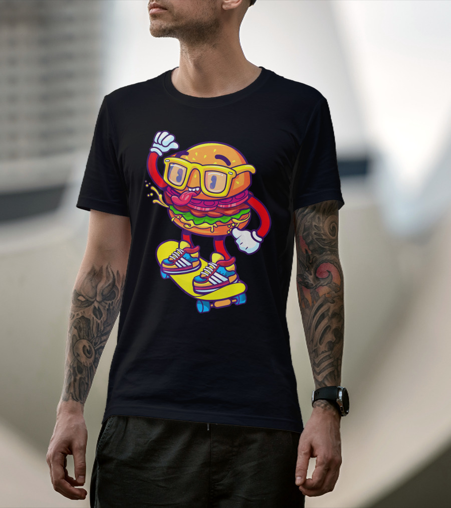 Skateboarding Cheeseburger Cartoon With Glasses And Sneakers T-Shirt