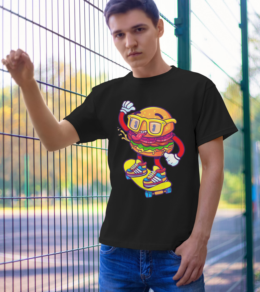Skateboarding Cheeseburger Cartoon With Glasses And Sneakers T-Shirt
