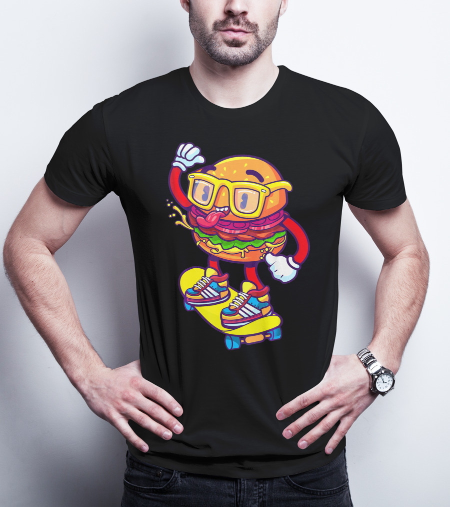 Skateboarding Cheeseburger Cartoon With Glasses And Sneakers T-Shirt