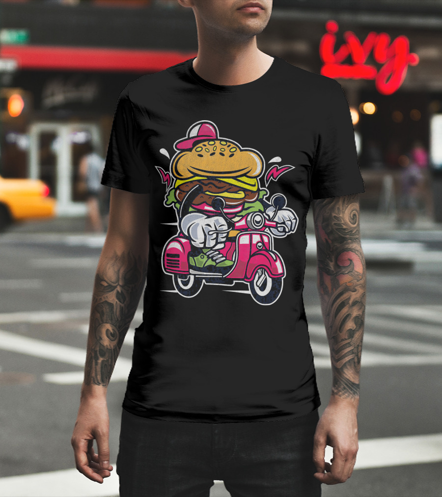 Vintage Scooter Burger Cartoon Rider T-Shirt