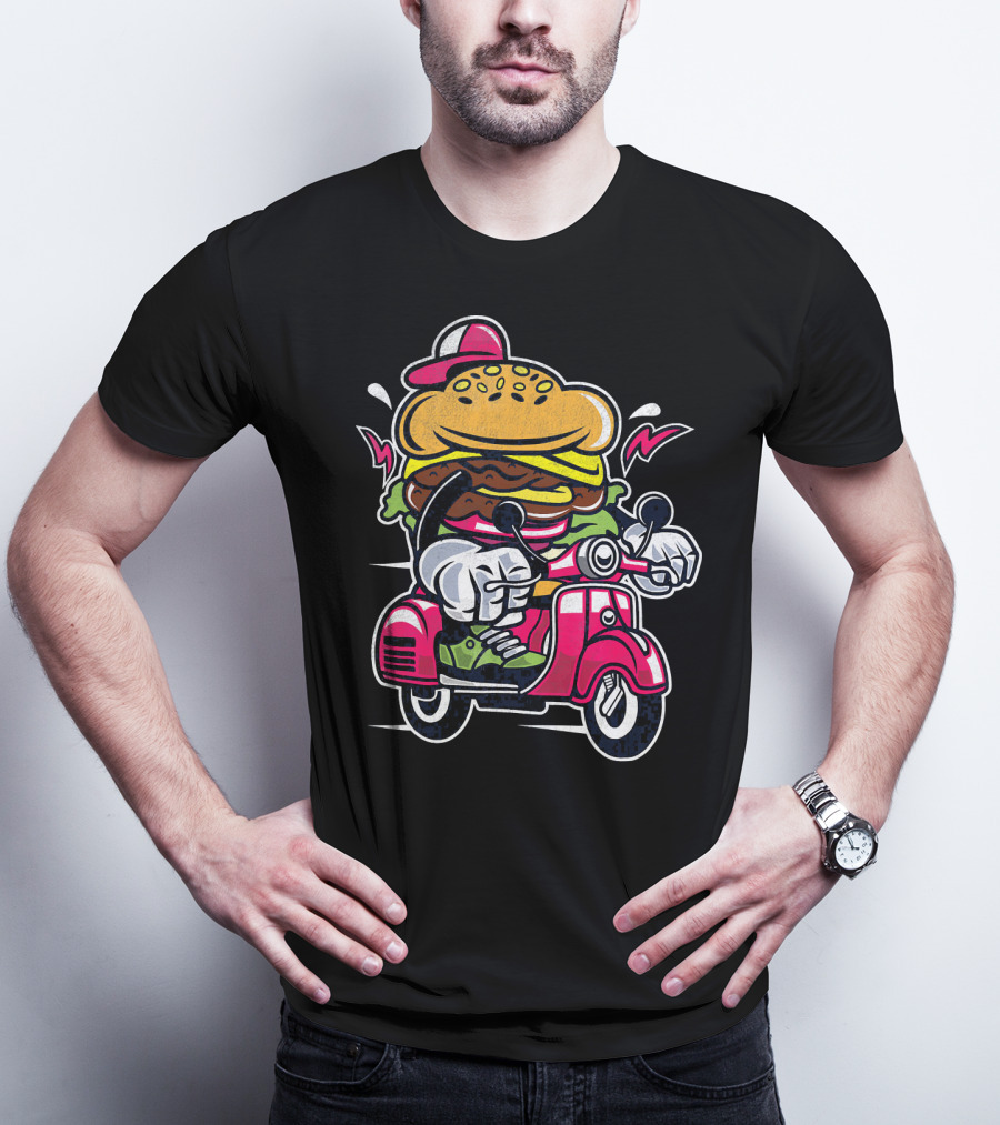 Vintage Scooter Burger Cartoon Rider T-Shirt