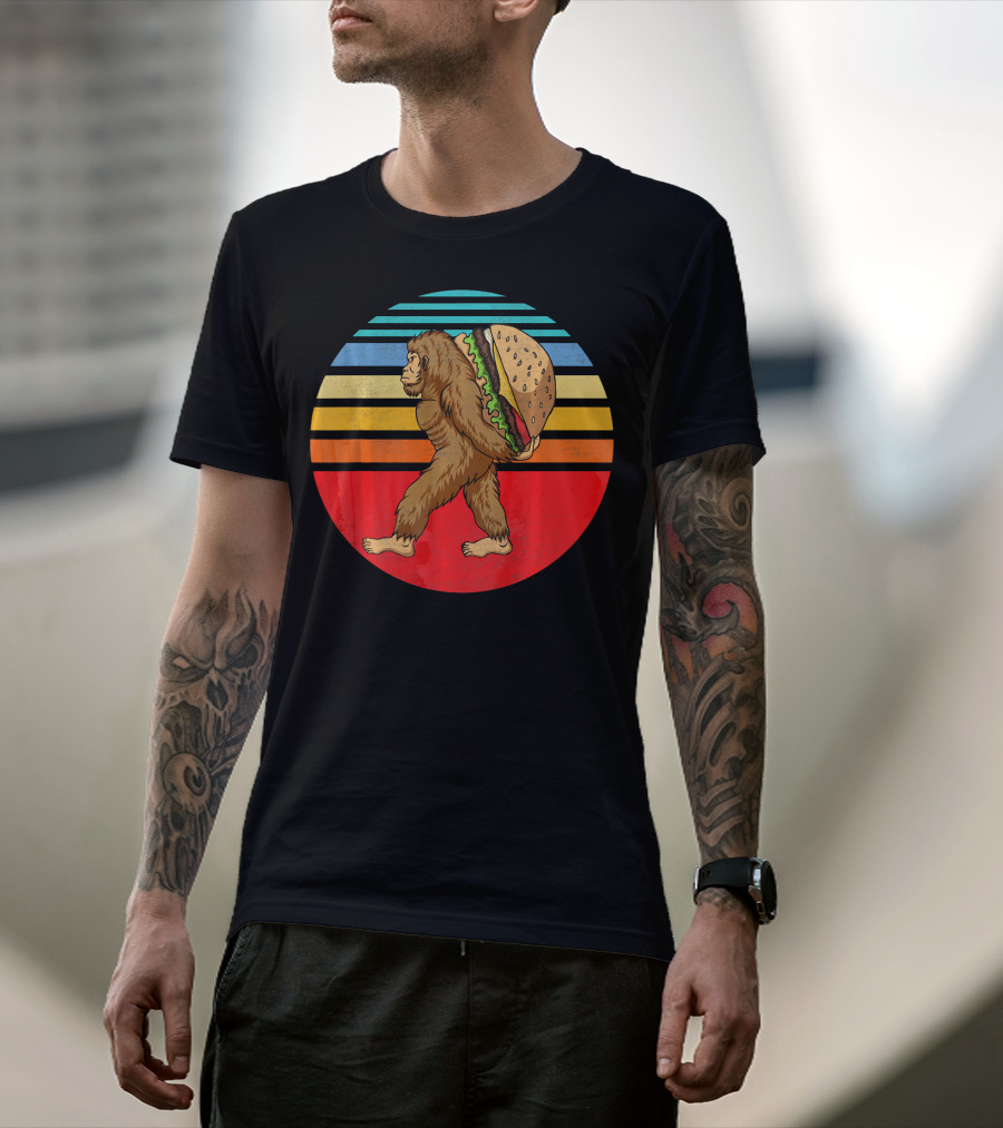 Vintage Bigfoot Carrying Hamburger Retro Stripes T-Shirt