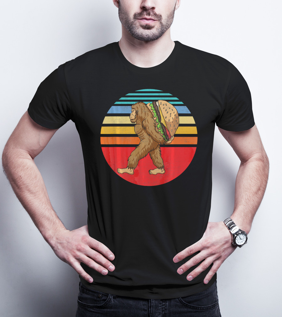 Vintage Bigfoot Carrying Hamburger Retro Stripes T-Shirt