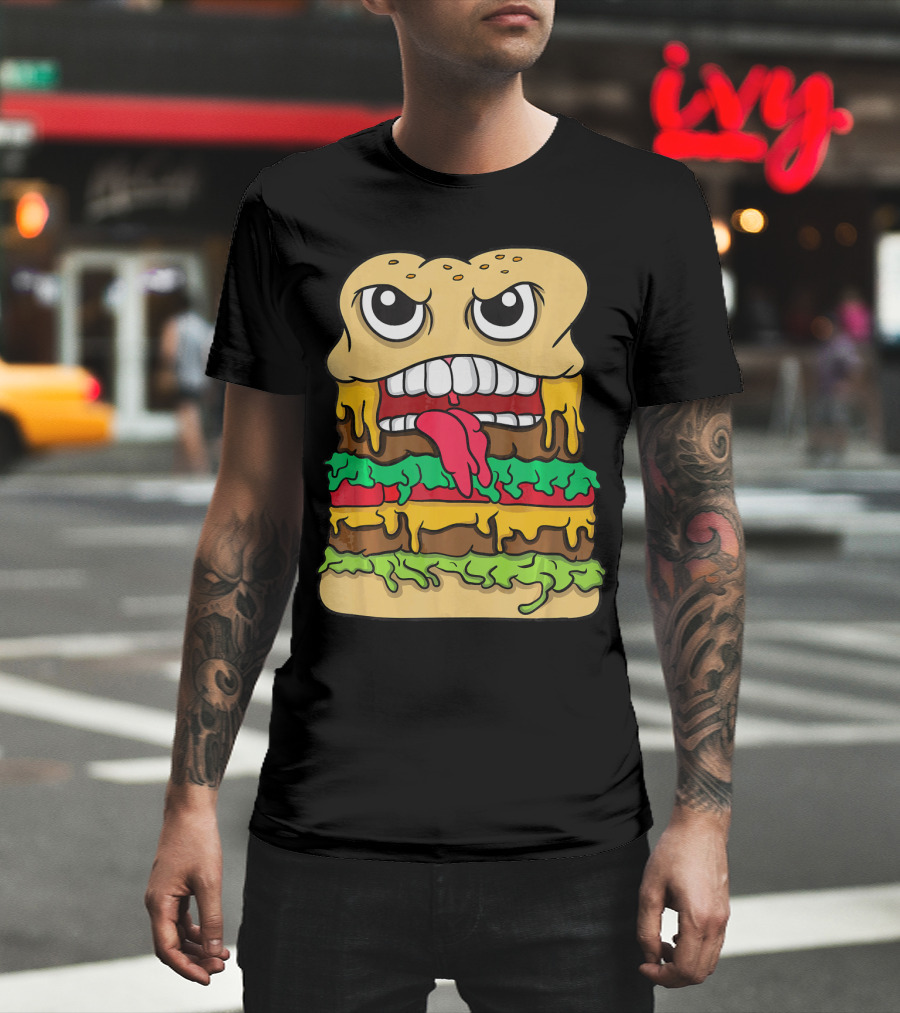 Burger Hamburger Cheeseburger Face With Tongue Out Lettuce And Cheese Layers T-Shirt
