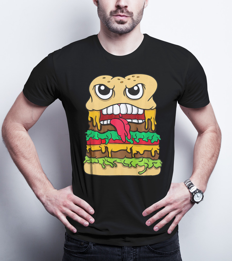 Burger Hamburger Cheeseburger Face With Tongue Out Lettuce And Cheese Layers T-Shirt