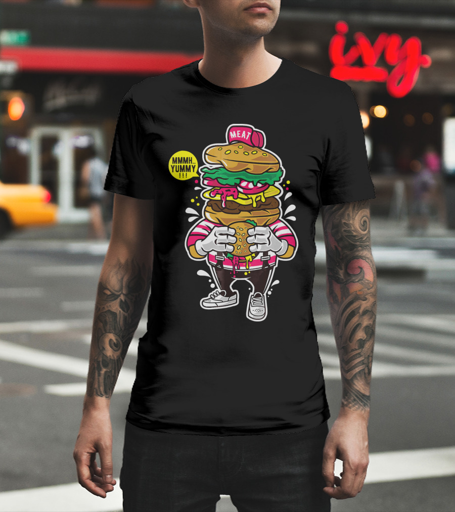 MMMH Yummy Funny Cute Unique Meat Grafitti Hamburger T-Shirt