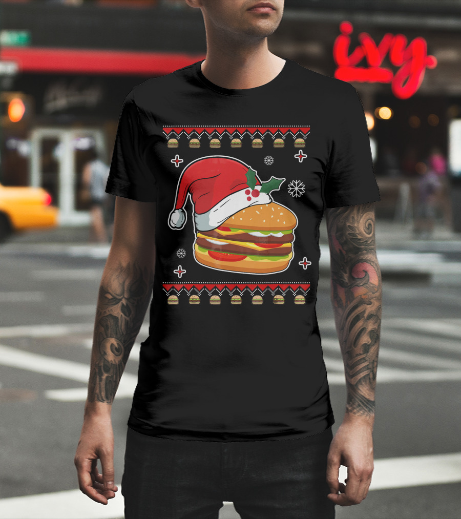 Santa Hat Hamburger Christmas Ugly T-Shirt