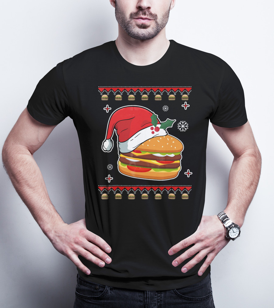 Santa Hat Hamburger Christmas Ugly T-Shirt