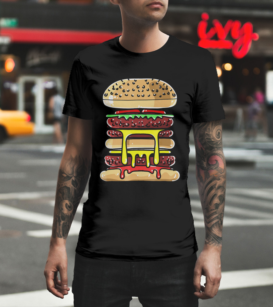 Hamburger Cheeseburger Layered Dripping Fast Food Comic T-Shirt
