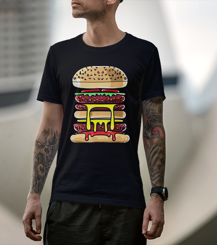 Hamburger Cheeseburger Layered Dripping Fast Food Comic T-Shirt