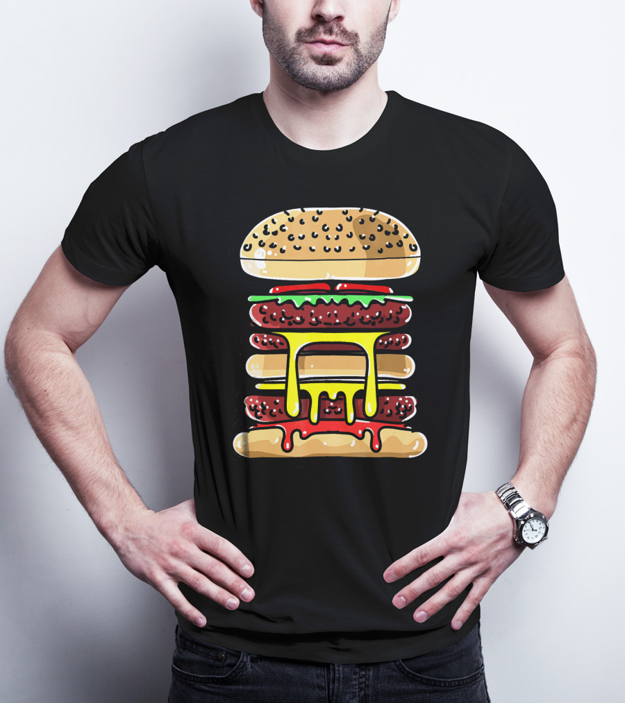 Hamburger Cheeseburger Layered Dripping Fast Food Comic T-Shirt