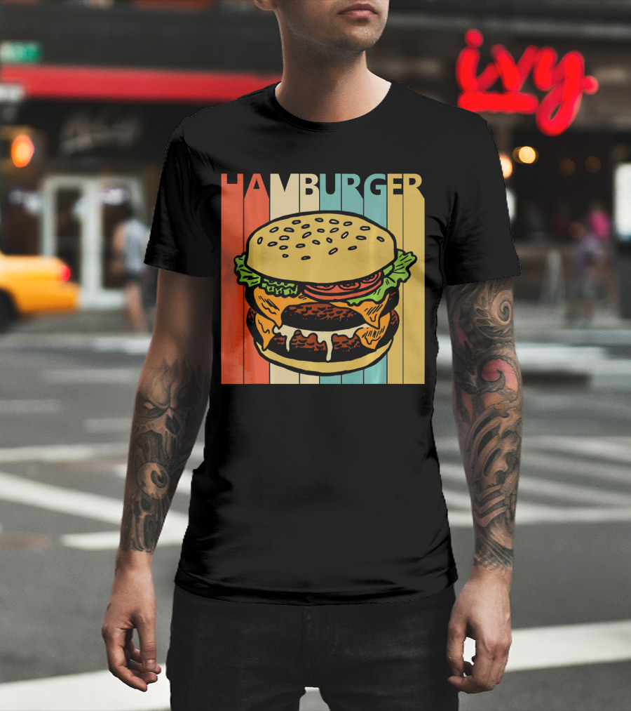 Vintage Retro Hamburger Rainbow Stripe Background T-Shirt