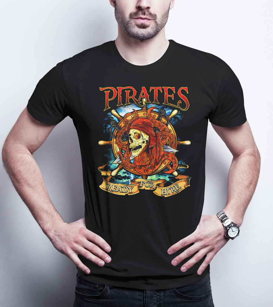 Pirates Ready For Hire Skull With Red Bandana Steering Wheel T-Shirt