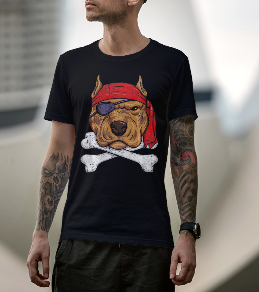 Vintage Pirate Dog Funny Puppy Crossbones Eyepatch Red Bandana T-Shirt