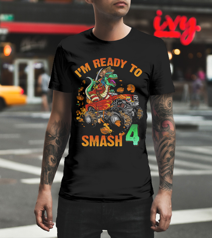 Halloween Pirate Monster Truck Dinosaur I'm Ready To Smash 4 T-Shirt