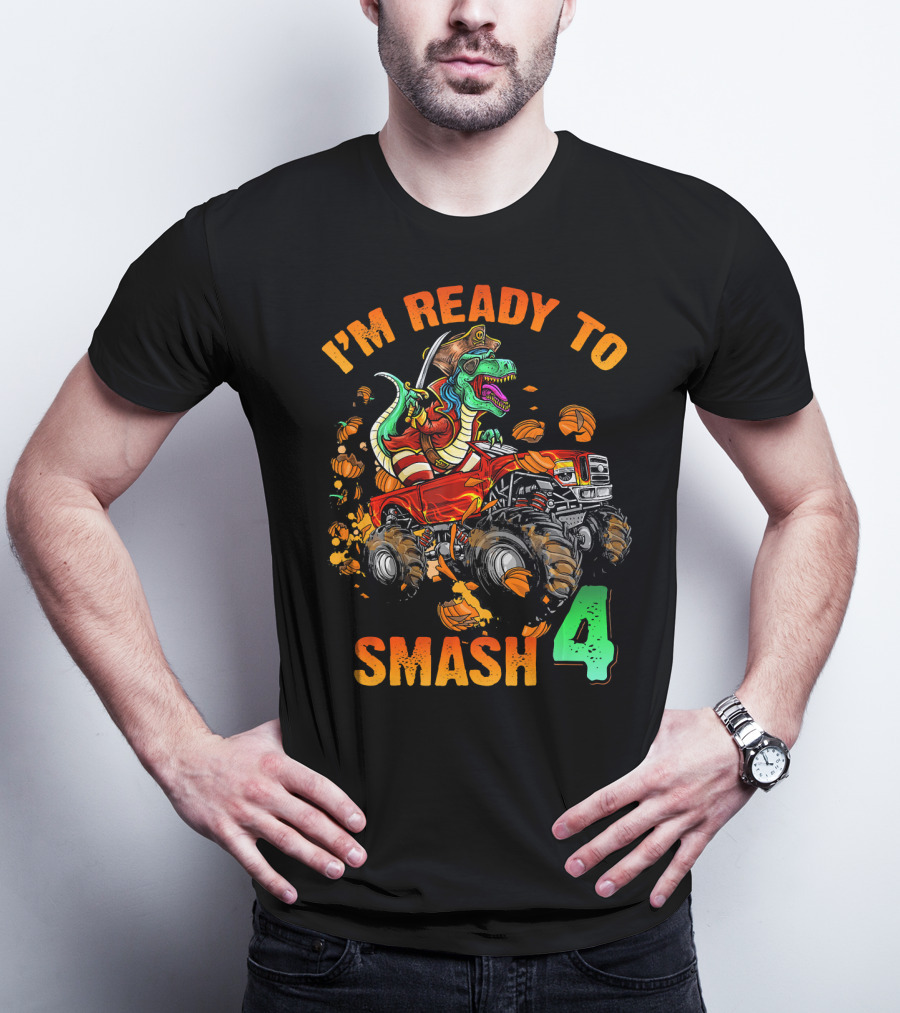 Halloween Pirate Monster Truck Dinosaur I'm Ready To Smash 4 T-Shirt