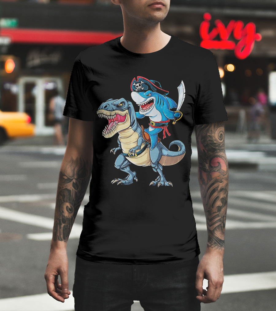 Pirate Shark Wielding Sword Riding Rex Dinosaur T-Shirt