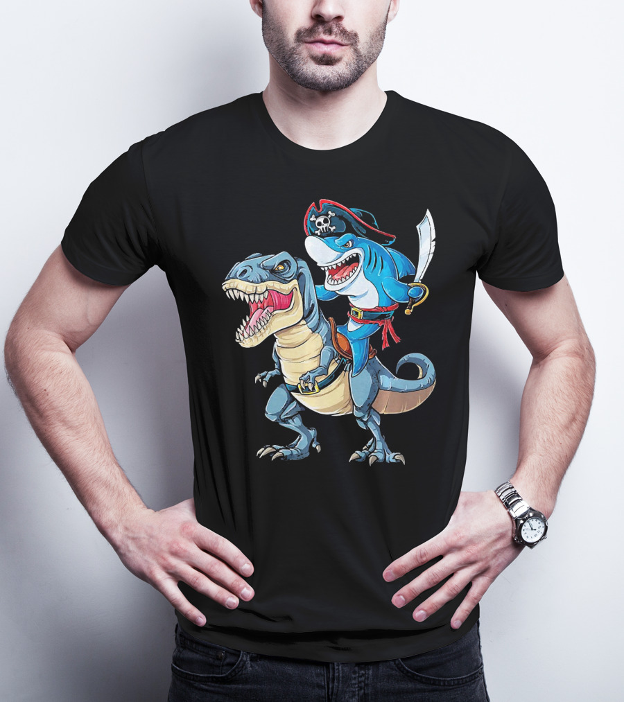 Pirate Shark Wielding Sword Riding Rex Dinosaur T-Shirt