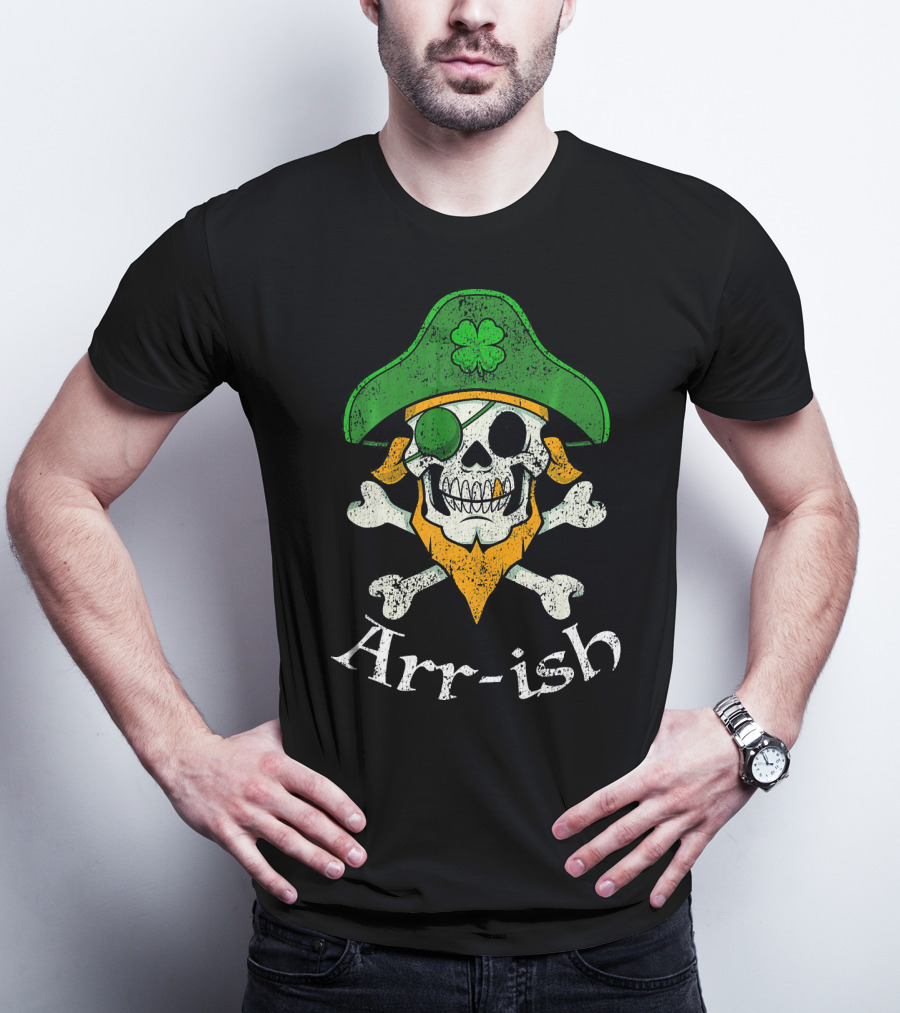 Arr-ish Funny Irish Skull Clover Pirate Beard T-Shirt
