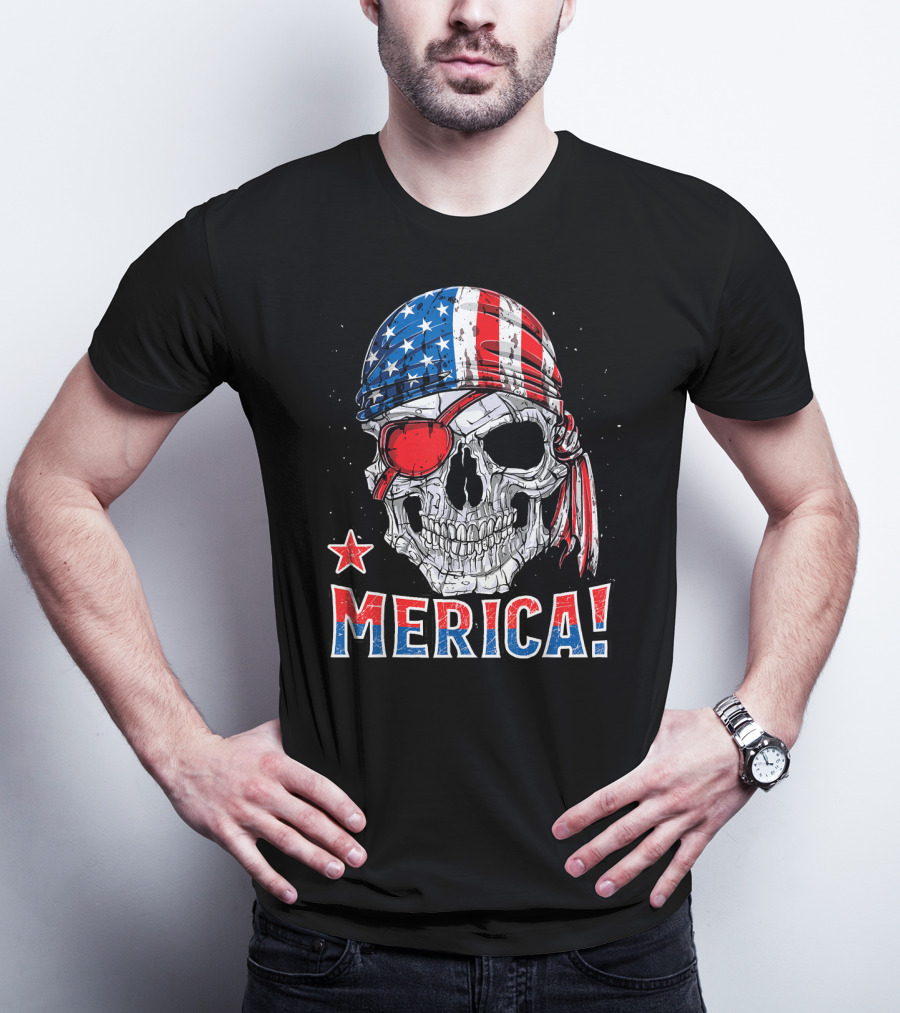 Merica Pirate Skull With American Flag Bandana And Red Eyepatch T-Shirt