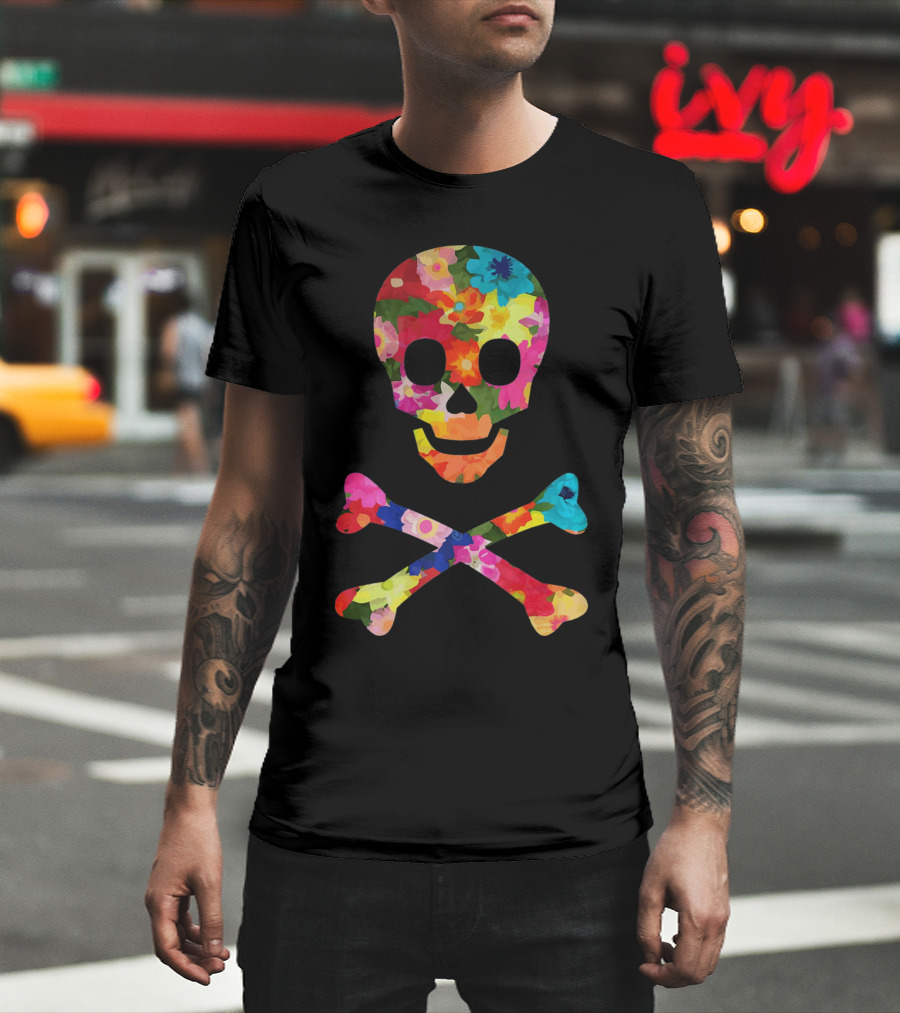 Flower Skull And Crossbones Funky Pirate Multicolor Floral T-Shirt