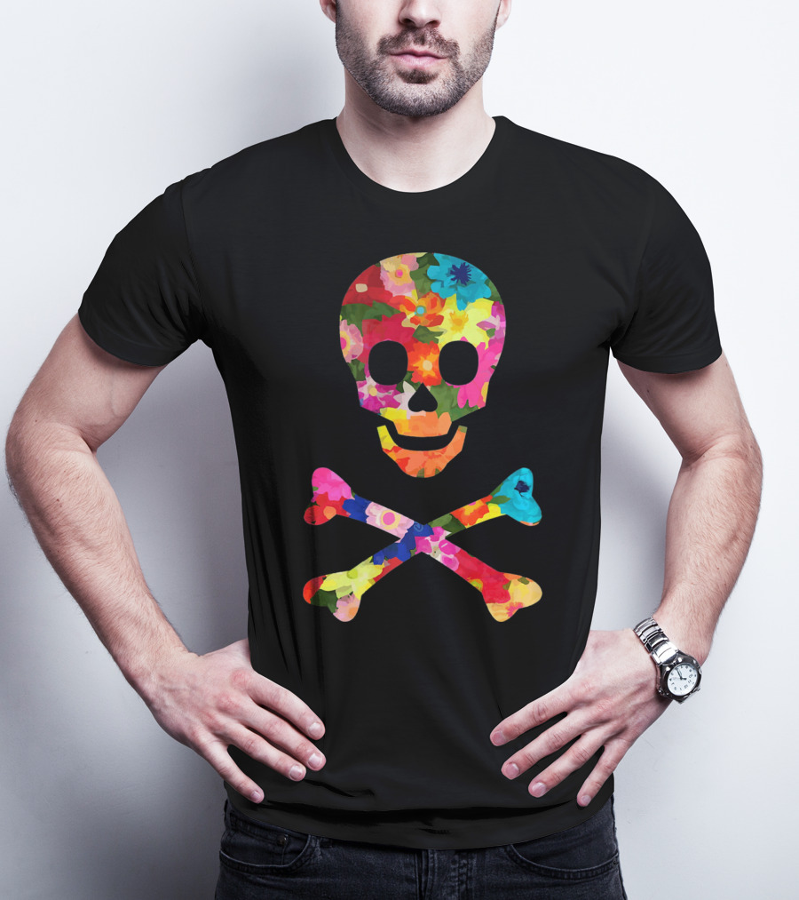 Flower Skull And Crossbones Funky Pirate Multicolor Floral T-Shirt