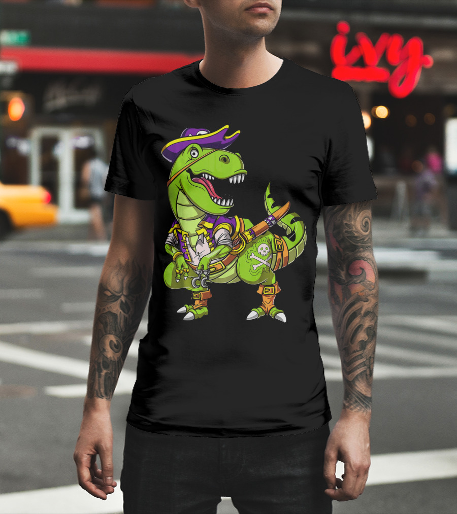 T Rex Dinosaur Pirate Captain With Hat And Hook In Green And Purple T-Shirt