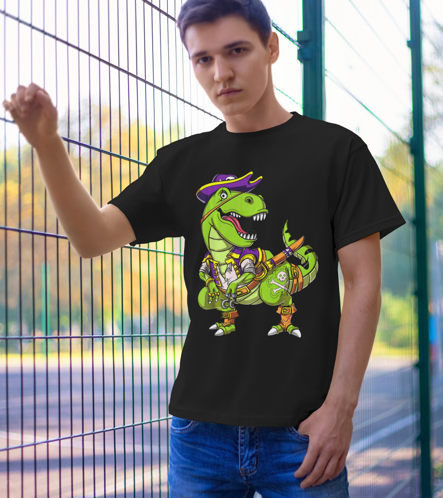 T Rex Dinosaur Pirate Captain With Hat And Hook In Green And Purple T-Shirt