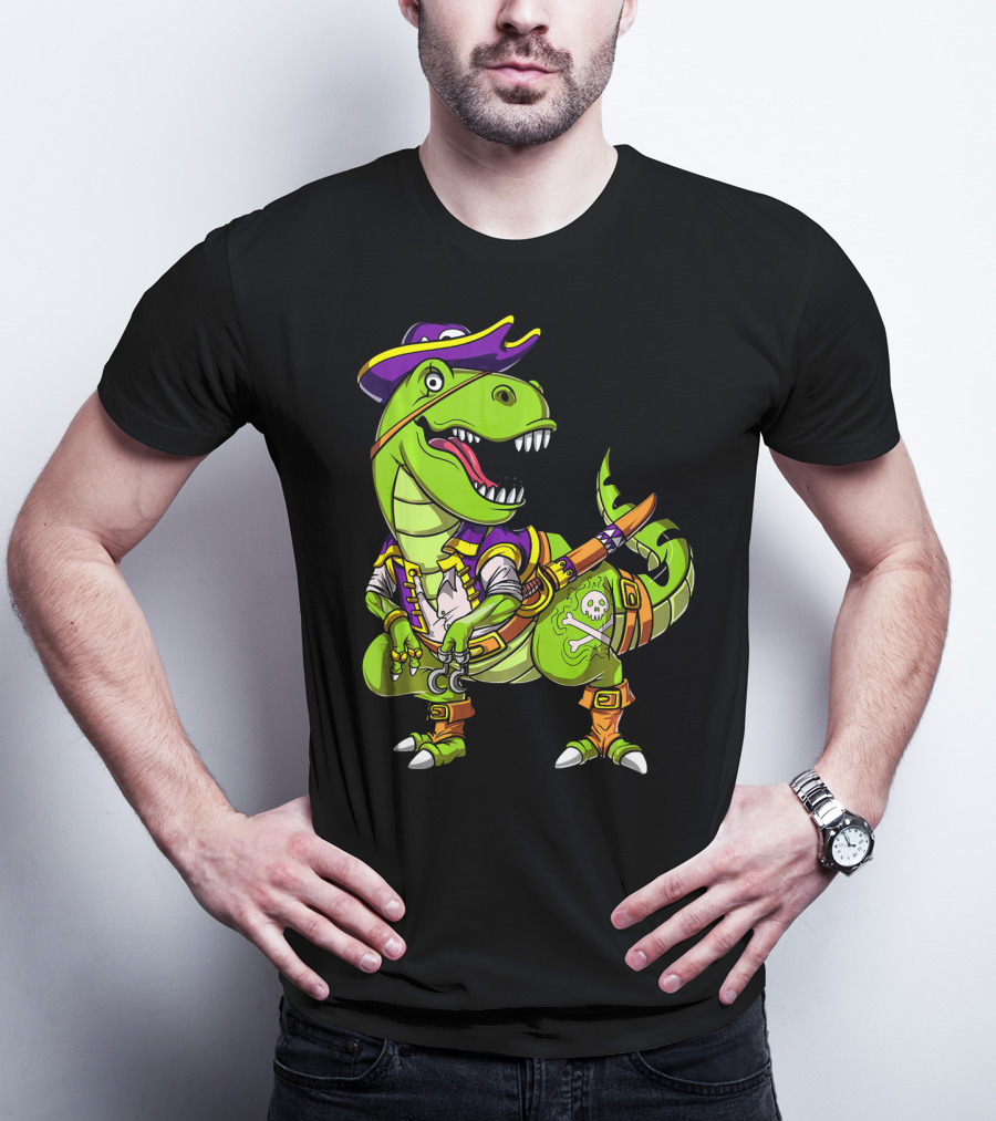 T Rex Dinosaur Pirate Captain With Hat And Hook In Green And Purple T-Shirt