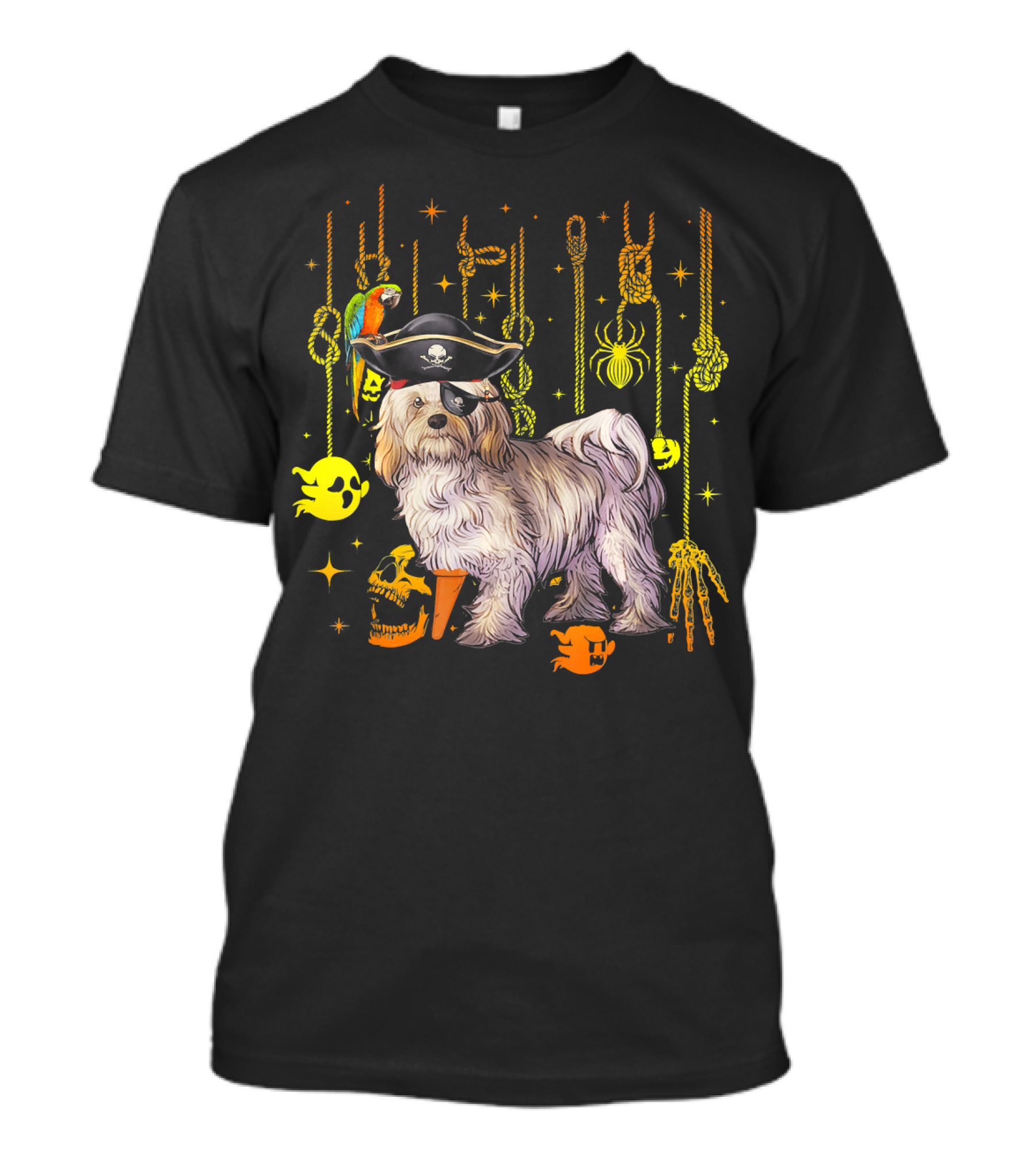 Havanese Pirate Halloween Dog With Parrot And Skulls T-Shirt