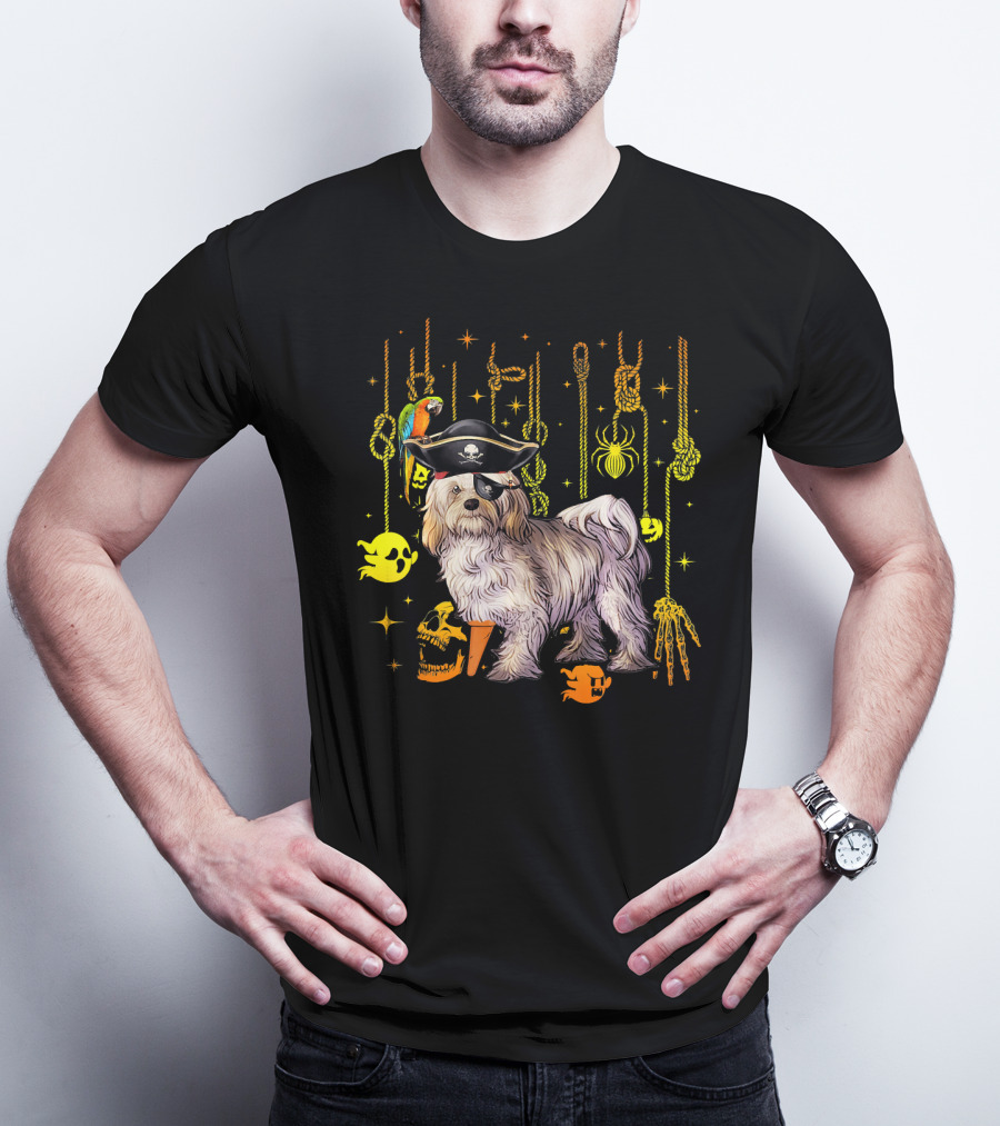 Havanese Pirate Halloween Dog With Parrot And Skulls T-Shirt