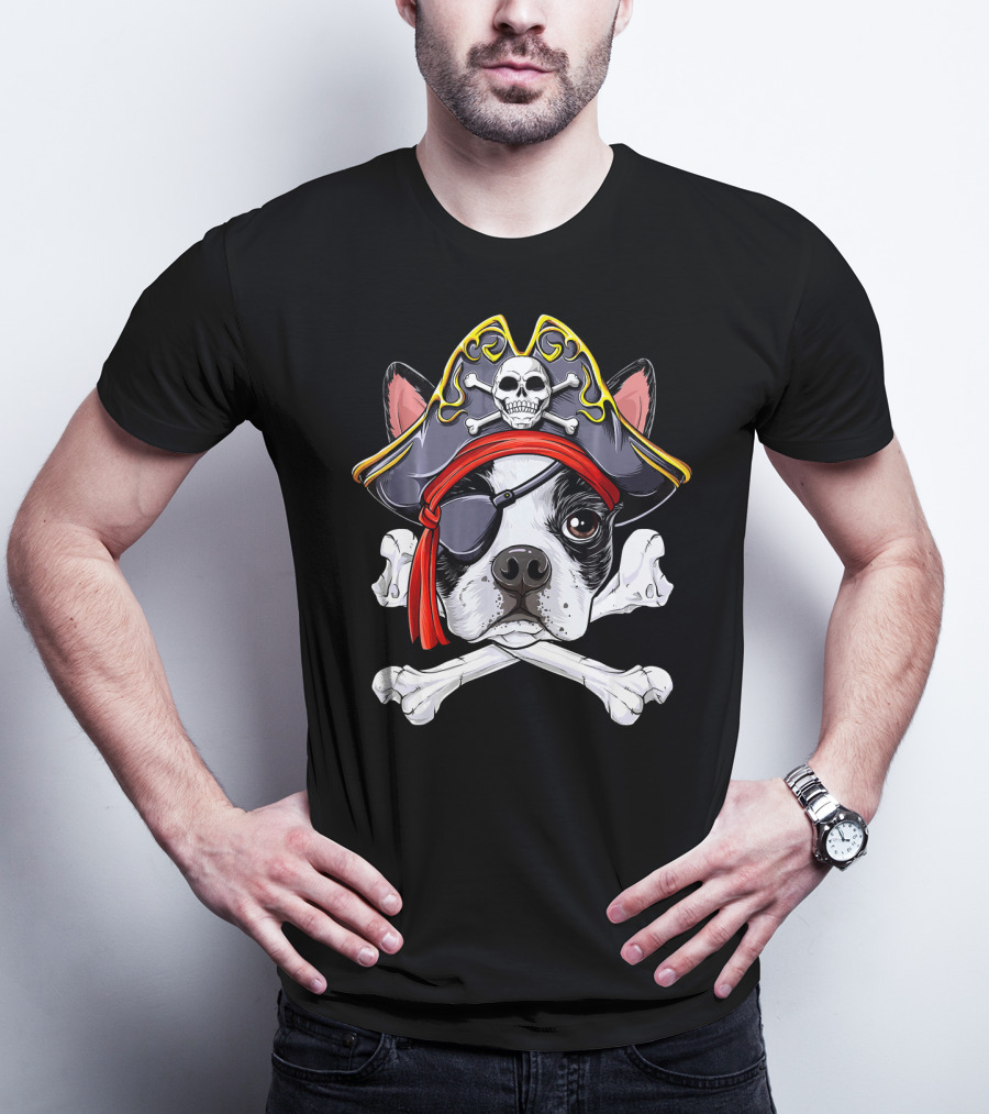 Boston Terrier Pirate Jolly Roger Skull And Crossbones T-Shirt