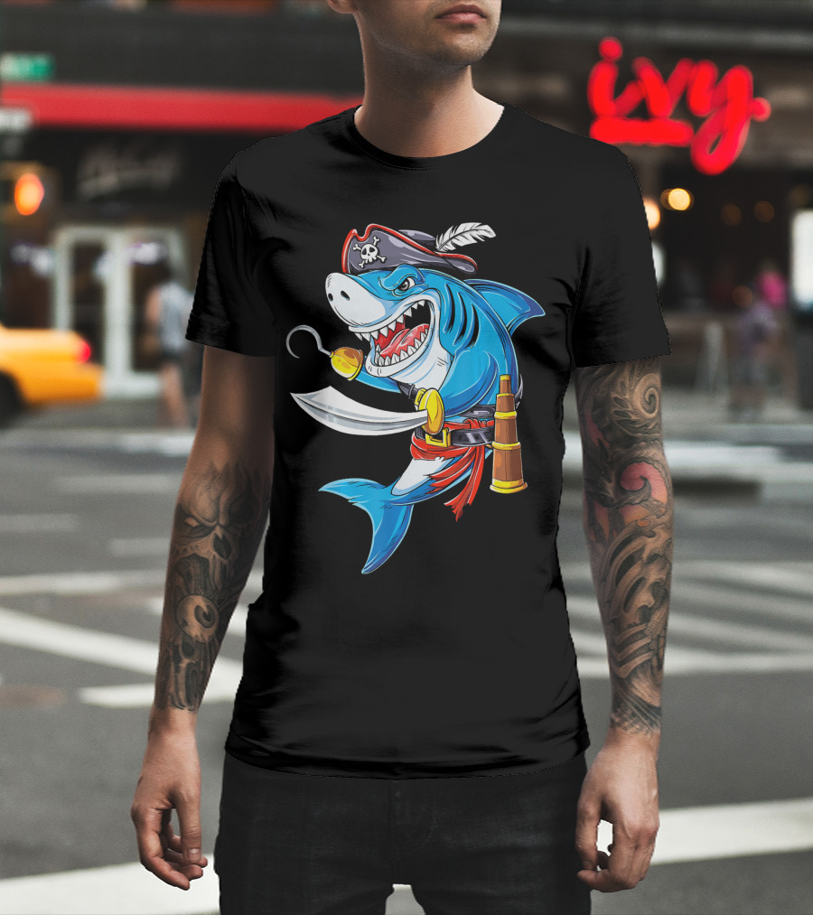 Shark Pirate Costume Jolly Roger Flag With Hook And Sword T-Shirt