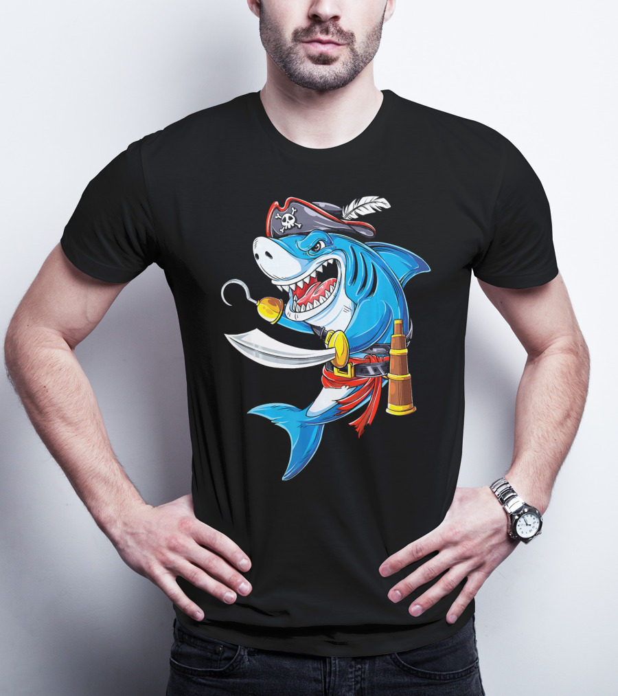 Shark Pirate Costume Jolly Roger Flag With Hook And Sword T-Shirt