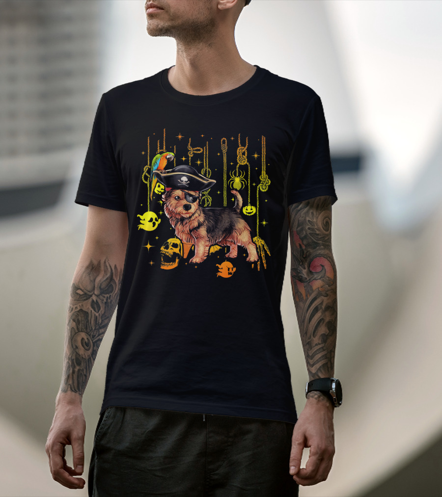 Norwich Terrier Pirate With Halloween Ghosts And Skull T-Shirt