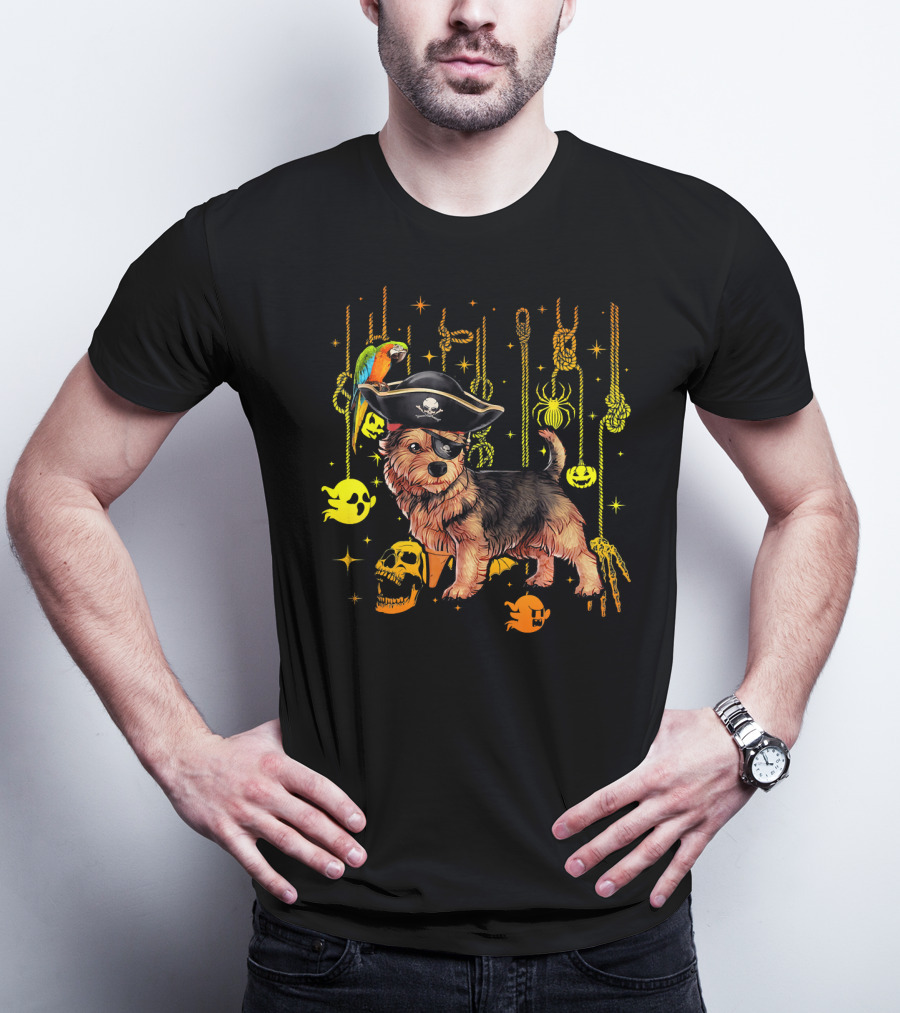 Norwich Terrier Pirate With Halloween Ghosts And Skull T-Shirt