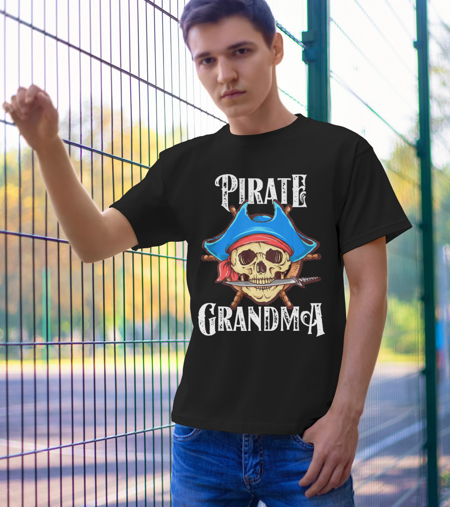 Pirate Grandma Skull With Blue Hat And Sword T-Shirt