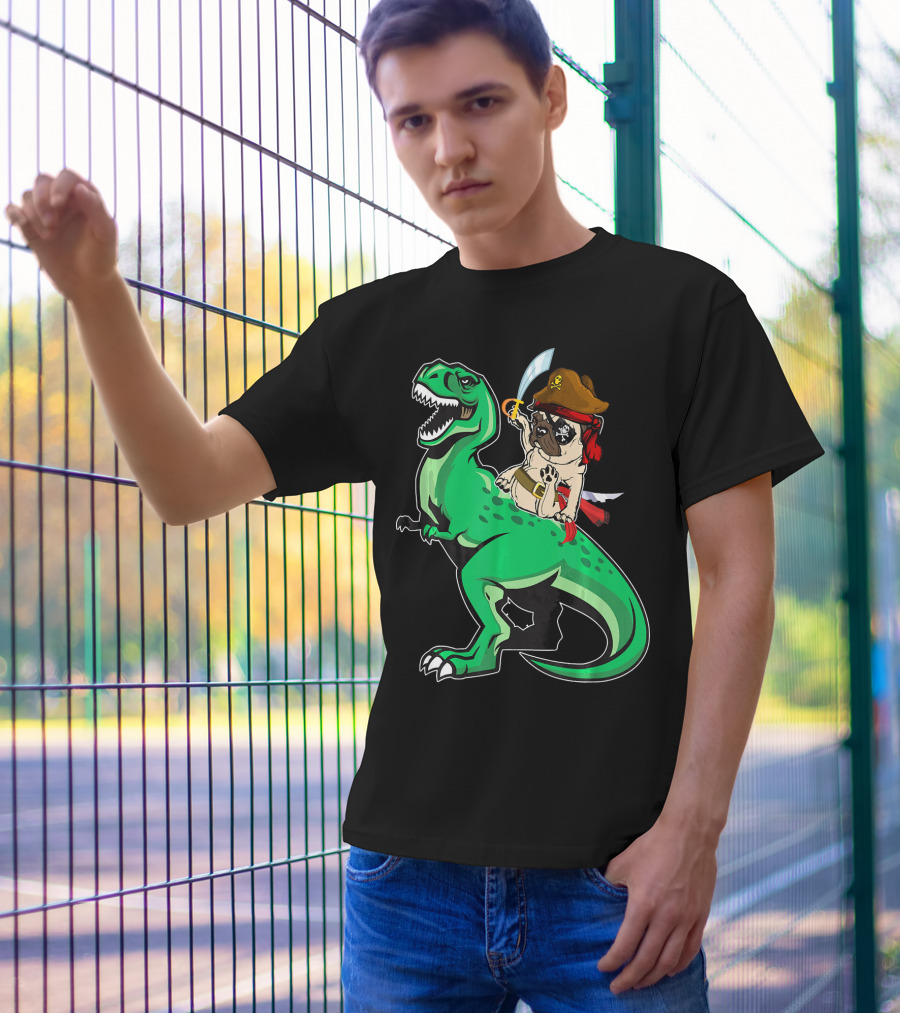 Pirate Pug Riding Rex Dinosaur With Sword And Hat T-Shirt
