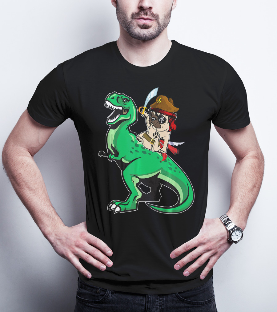 Pirate Pug Riding Rex Dinosaur With Sword And Hat T-Shirt