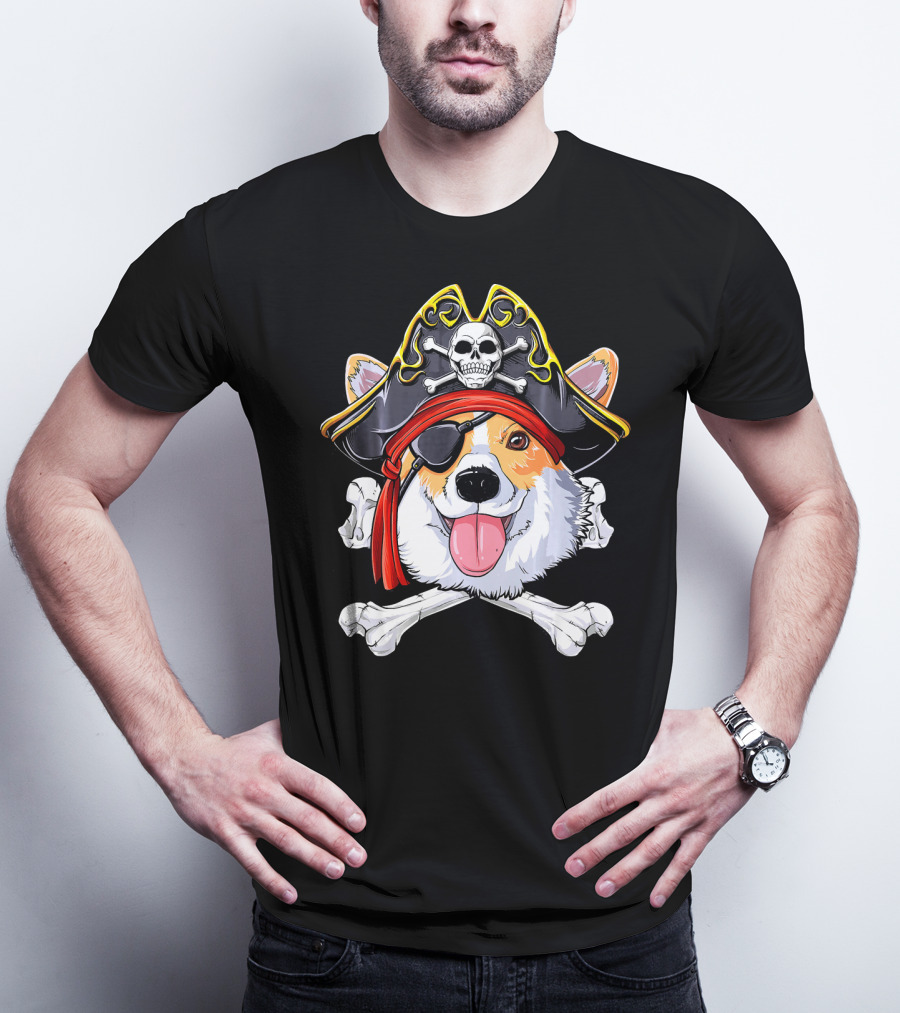 Corgi Pirate Skull And Crossbones Jolly Roger Flag T-Shirt