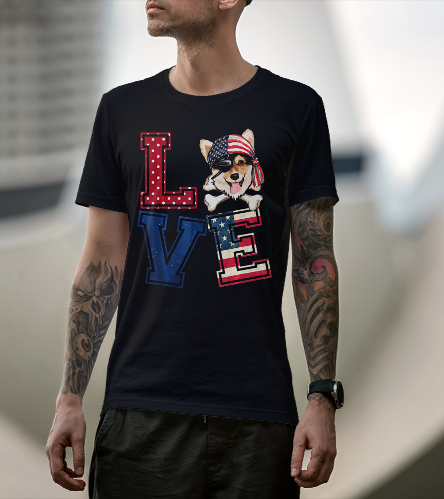 LOVE Corgi Pirate Face With American Flag Bandana And Lettering T-Shirt