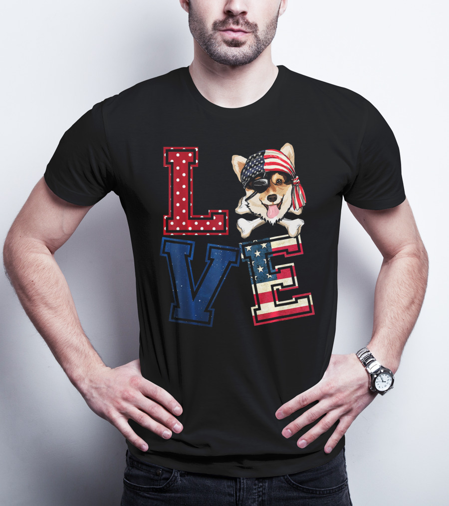 LOVE Corgi Pirate Face With American Flag Bandana And Lettering T-Shirt