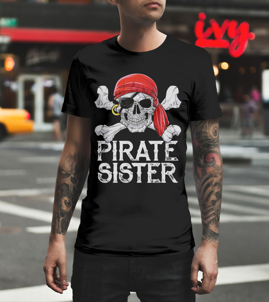 Pirate Sister Skull With Red Bandana And Crossbones T-Shirt