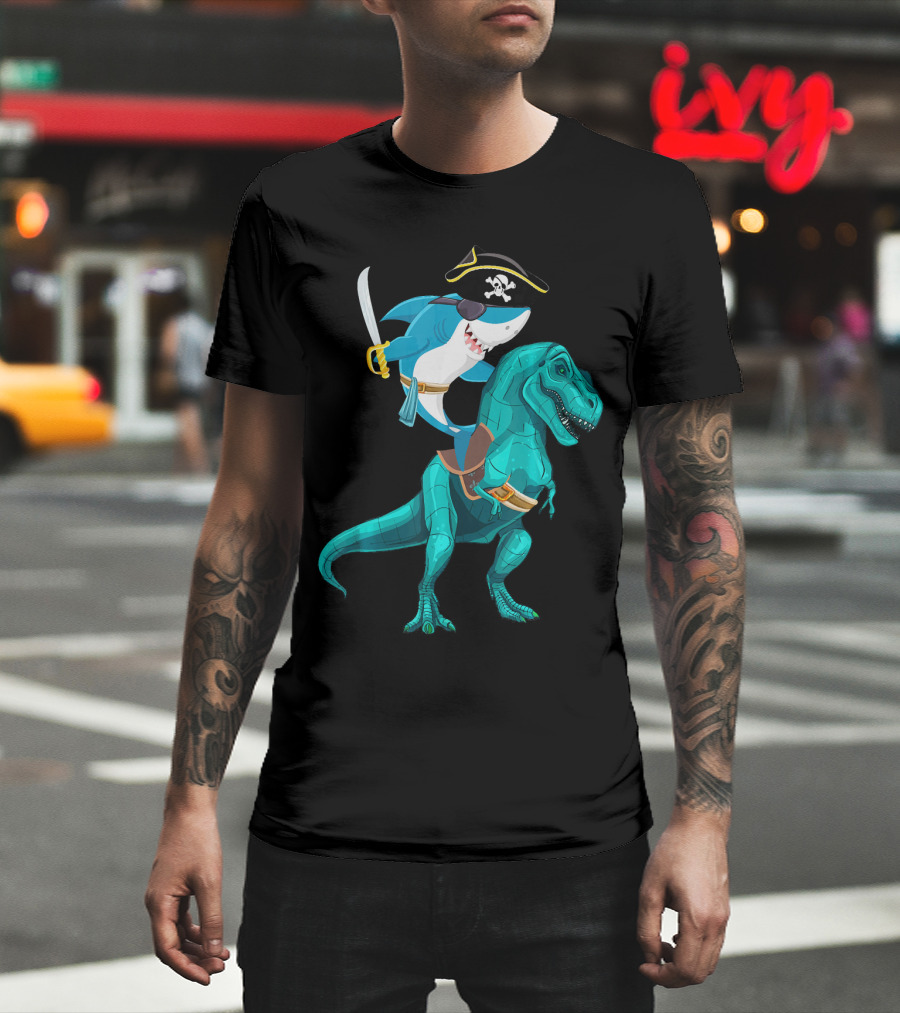 Shark Pirate On T-Rex For Kids Boys Sons T-Shirt