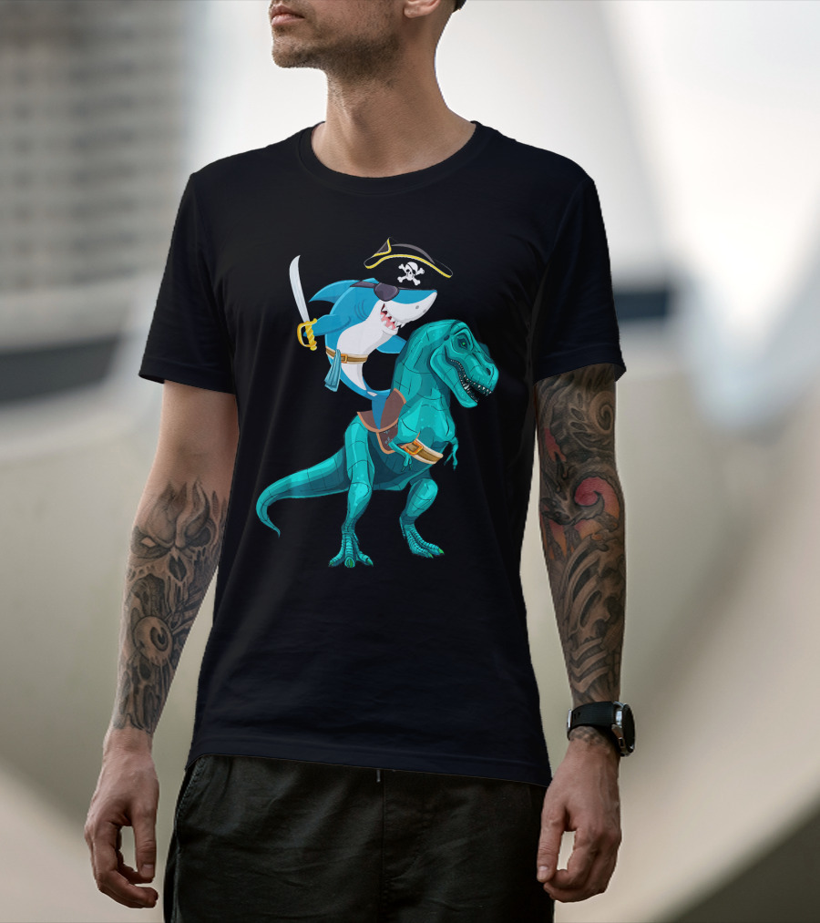 Shark Pirate On T-Rex For Kids Boys Sons T-Shirt