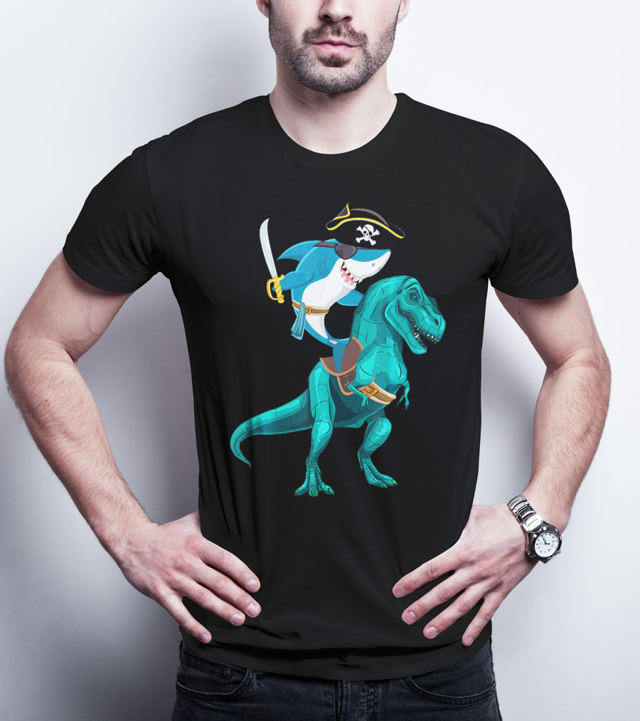 Shark Pirate On T-Rex For Kids Boys Sons T-Shirt